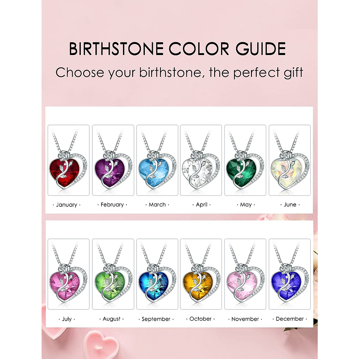 SILVERKITY 925 Sterling Silver Rose Flower Heart Birthstones Necklace for Women with Austria Crystal, Pendants Gifts, Anniversary Birthday Jewelry Gift for Wife Mom Daily Wear