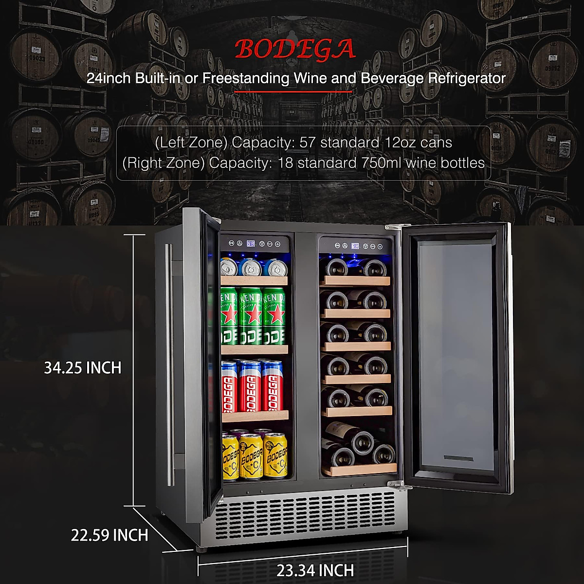 BODEGA 24 Inch Beverage and Wine Cooler, Built-in and Freestanding Wine Beverage Refrigerator Dual Zone, Holds 57 Cans and 18 Bottles, with Independent Temperature Control,Upgraded Compressor Quiet