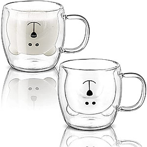 Chanlida Cute Brown Double Wall Cute Bear Cups (Pack of 2) Double Wall Cute Bear Cup with Handle Insulated Espresso Christmas Beer Cup Cute Birthday