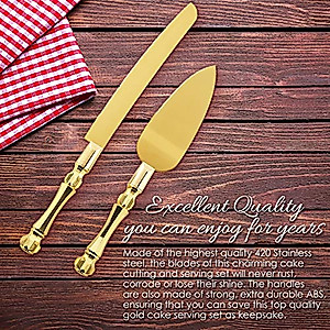 Homi Styles Wedding Cake knife and Server Set | Elegant Gold Color Plastic Handles And Premium 420 Stainless Steel Titanium gold plated Blades | Cake & Pie Serving Set for Wedding,Birthdays, Parties