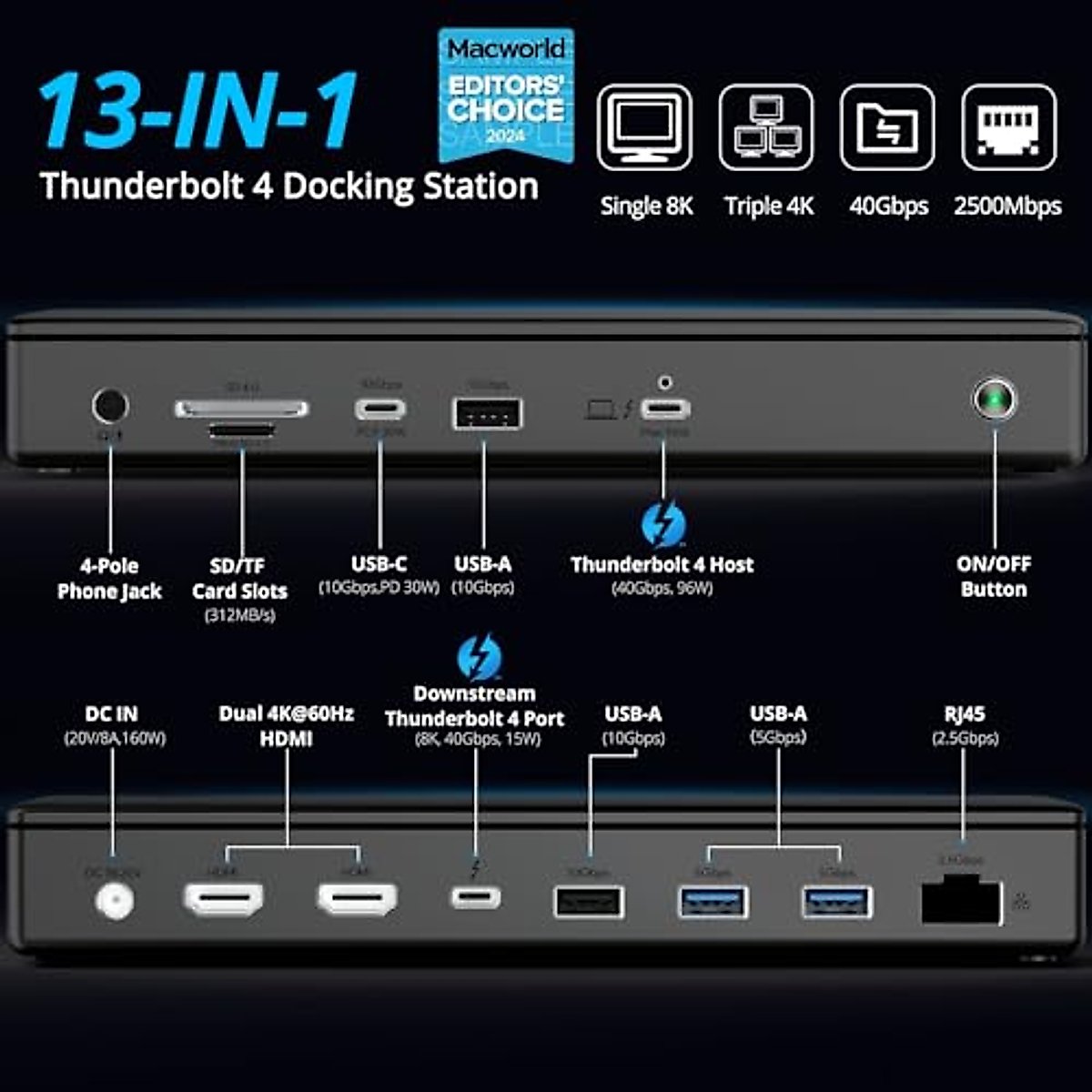 WAVLINK Thunderbolt 4 Hub with Dual HDMI 4K@60Hz,100W Charging, Thunderbolt Certified, 13-in-1 Thunderbolt 4 Dock Dual Monitor Single 8K Output for Windows or Mac, 4X USB, 2.5G Ethernet,SD/MicroSD
