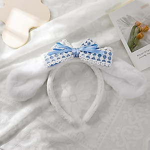 PUCAPOCO Bunny Ears Headband Furry Rabbit Puppy Dog Ears Headband Cute JK Bowknot Headwear for Girls Women Facial Makeup Anime Costume Cosplay(Blue)