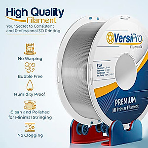 PLA 3D Printer Filament | Silver PLA Filament 1.75mm | 1KG Spool (2.2lbs) - Fits Most FDM Printers | Dimensional Accuracy +/- 0.03 mm | 3D Printing Filament 1.75 Will Not Warp, Clog or Break