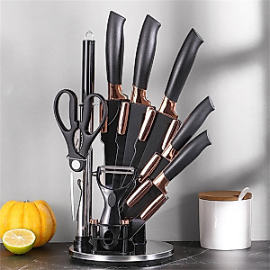 Knife Set, 9Pieces Stainless Steel Non Stick Kitchen Knife Block Set, Sharp Cutlery Knives Set with Sharpener Knives Set with Rotatable Storage Stand Scissors (Black)