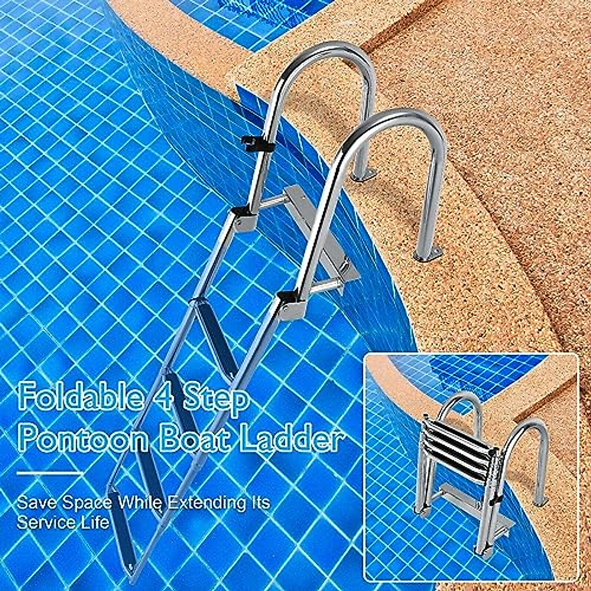 MNHW4 Step Stainless Steel Folding Telescoping Swim Deck Ladder Pontoon Boat Ladder MagnifiQ Ladder Telescoping Ladder Pool ladders for Above Ground Pools Above Ground Pool Ladder Pool Ladder