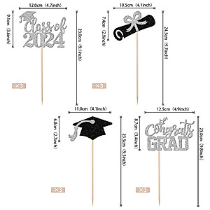 12 PCS 2024 Graduation Centerpiece Sticks Assembled Class of 2024 Congrats Grad Cake Toppers Diploma Graduation Cap Table Flower Centerpiece Sticks for 2024 Graduation Theme Party Supplies Silver