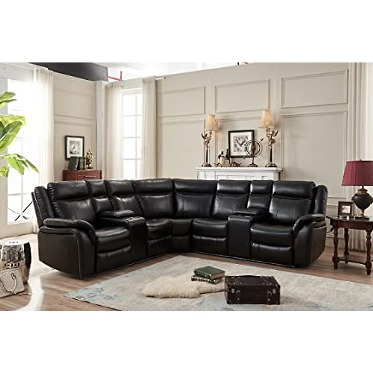 Elountik Symmetrical Power Reclining Sectional Sofa with LED Strip, Storage Console, Cup Holders with Built-in USB Charging Port; Home Theater Power Reclining Sofa Couch (Power Reclining Black)