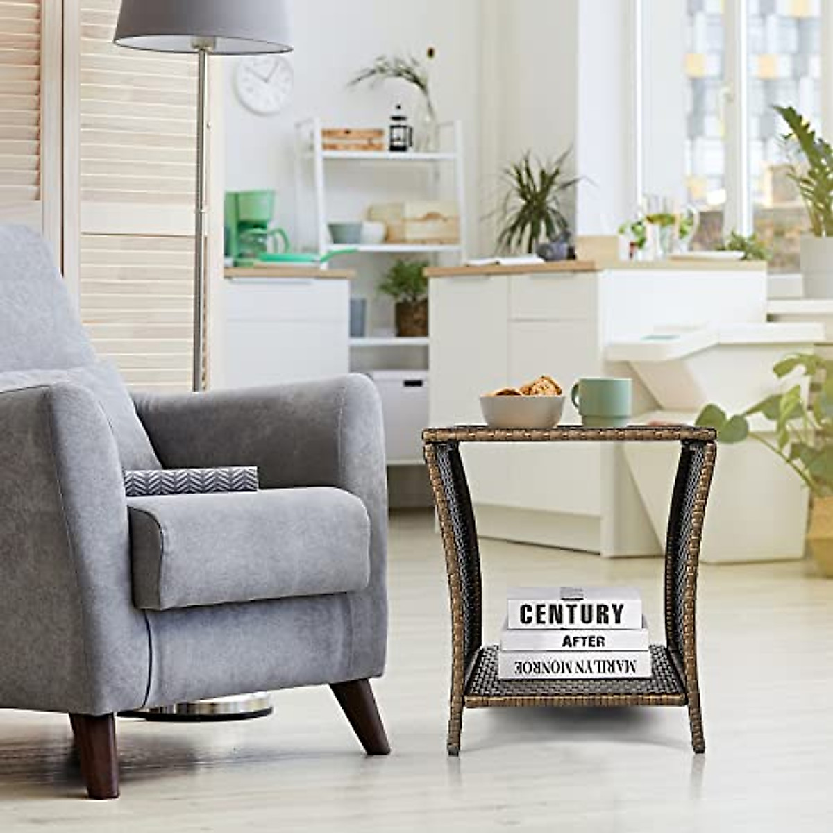 Wicker Side Table Porch Square Side Coffee Table with Glass Top and Storage Small End Tables Outdoor Porch Sofa Tables or Patio Lawn Balcony Pool Decoration Gold