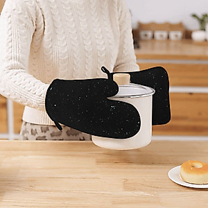 Black Glitter Silicone Oven Mitts Pot Holder Sets 2pcs Cute Design Washable Non Slip Kitchen Heat Resistant Mat Women's Cooking Gloves for Baking and BBQ Wear