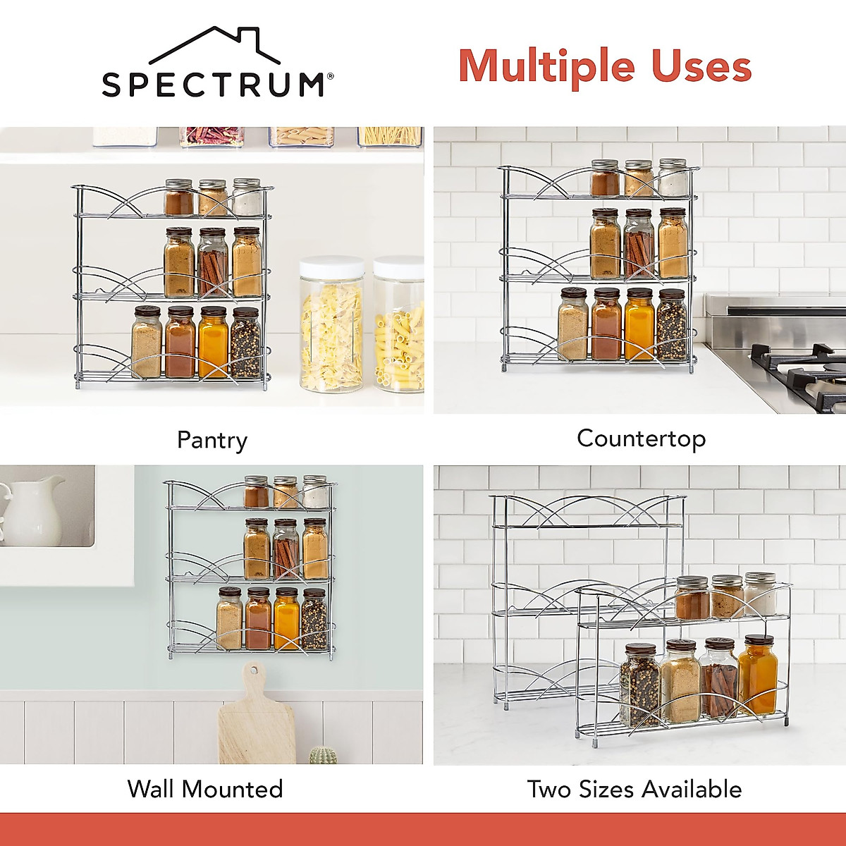 Spectrum Diversified Countertop 3-Tier Rack Kitchen Cabinet Organizer or Optional Wall-Mounted Storage, 3 Spice Shelves, Raised Rubberized Feet, Black