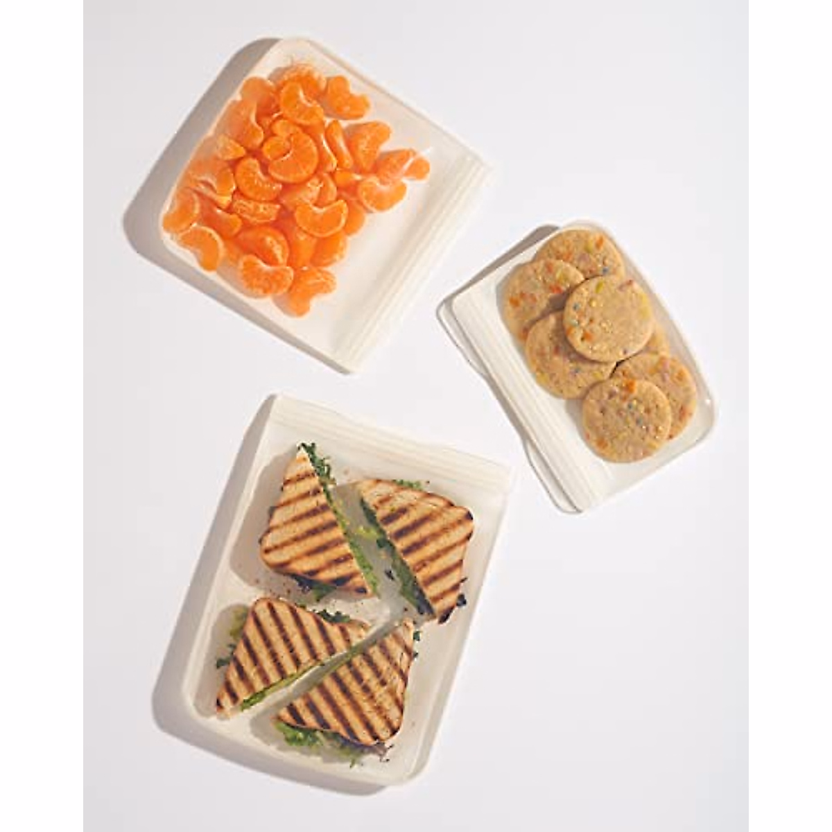 W&P Porter Silicone Reusable Storage Bags, Flat Variety 3 Pack (10oz, 34oz, 46oz), Cream, Food Storage Container, Microwave and Dishwasher Safe, Easy Cleaning