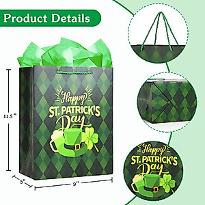 D4DREAM Happy St Patrick's Day Gift Bags 11.5" Large Green Buffalo Plaid Gift Bag with Tissue Paper St. Patricks Day Gift Wrapping Bag with Handle for Kids Classroom Party Favor Supplies