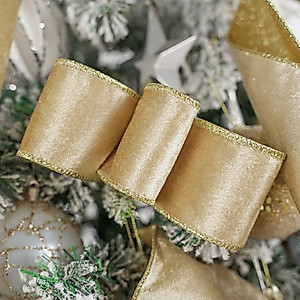 HUIHUANG Champagne Velvet Wired Ribbon 2-1/2" Champagne Gold Christmas Ribbon with Glitter Gold Backing, for Christmas Tree, Tree Top Bows, Wreaths, Graland, Home Decor, Crafts-10 Yards