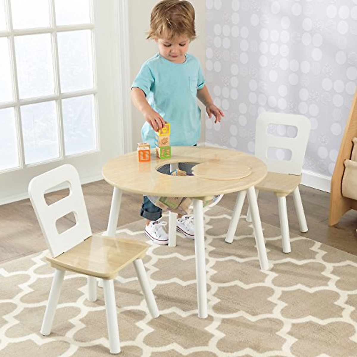 KidKraft Wooden Round Table & 2 Chair Set with Center Mesh Storage - Natural & White, Gift for Ages 3-6 23.5 x 23.5 x 17.3