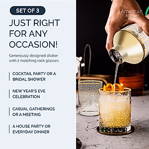 American Atelier Cocktail Shaker with 2 Rock Glasses | 3-Piece Set | Home Bar Kit | Old Fashioned Glasses for Whiskey and Bourbon | 15-Ounce Capacity Shaker | Bar Accessories Gift Set