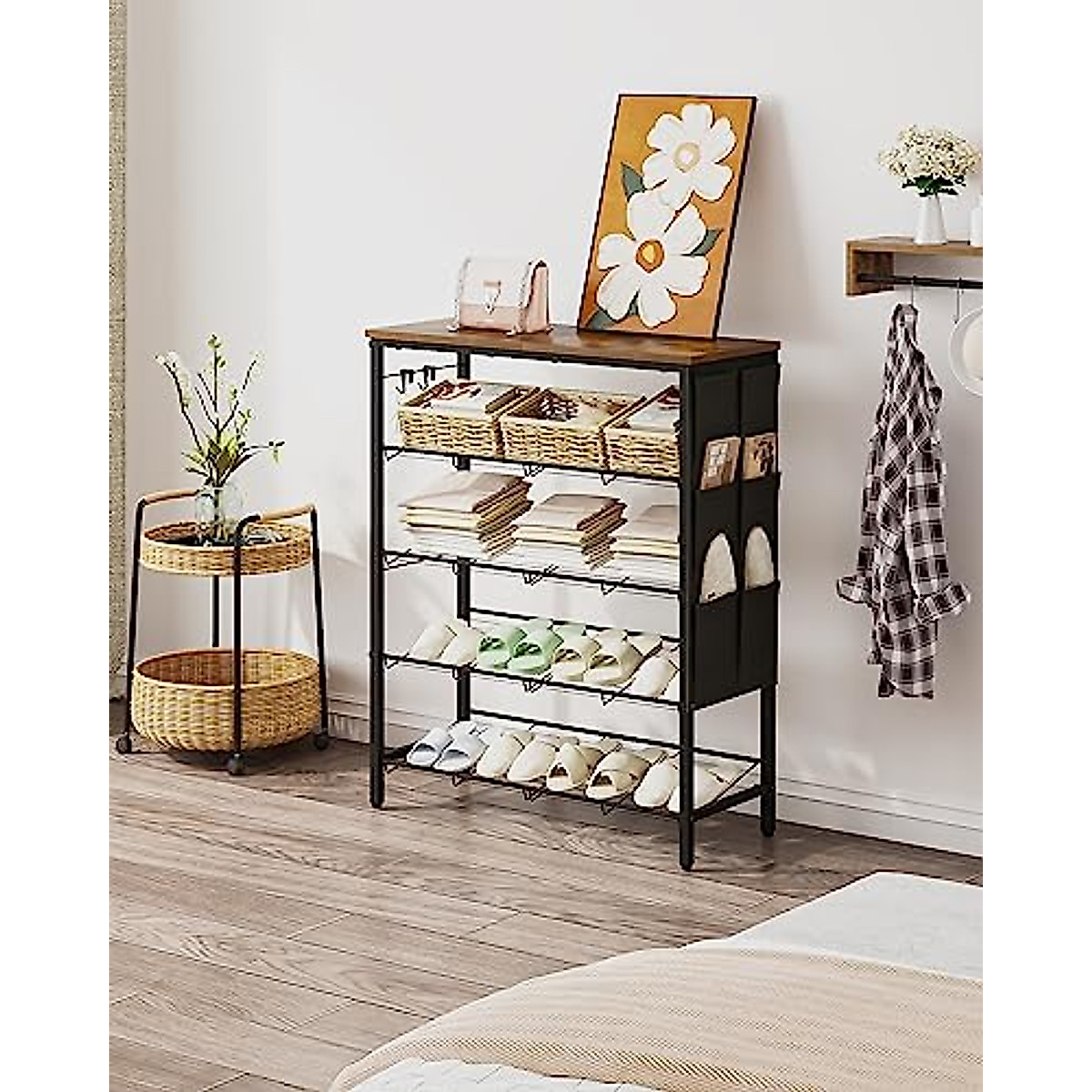 Hzuaneri 5 Tier Shoe Rack, Free Standing Shoe Storage for Entryway, Adjustable Shoe Organizer Shelves with 1 Side Pocket and 2 Hooks, Steel, Industrial, Rustic Brown and Black SR04101B