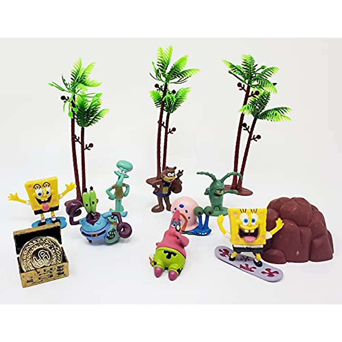 Birthday Celebrations Spongebob Squarepants 2" Figure Play Set of 14 Featuring Squidward, Sandy Cheeks, Patrick Star, Mr. Krabs, Plankten with Palm Trees, Treasure Chest and More (Unique Design)