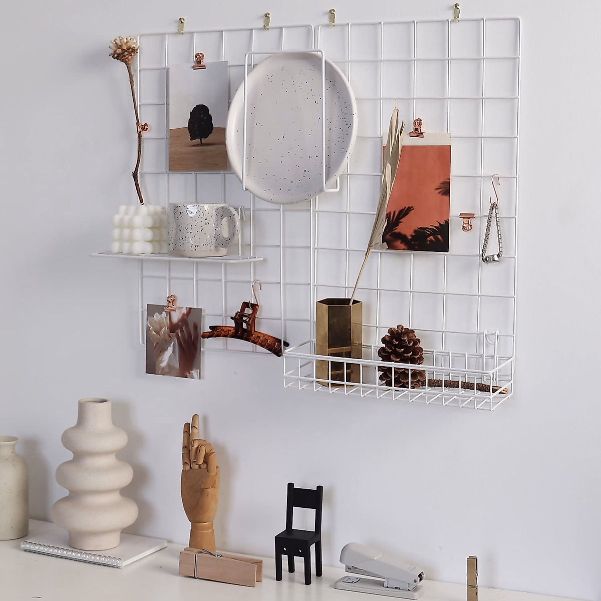 FRIADE Wall Grid Panel for Photo Display,Wall Storage Organizer,5 Metal Clips & 3 S Hooks & 4 Nails & 4 Plastic Hanging Buckles and 4 Screws Offered,Size 17.5" x 11.8",Set of 2 (White)