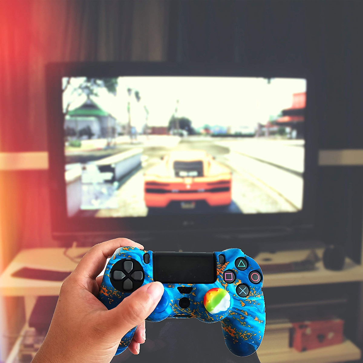 Silicone Skin Cover for Ps4 Controller (1pc Anti-Slip Case, 1 Pair L2 R2 Trigger Extender, 4pcs Thumb Grips,4pcs LED Light Bar Decal) Protector for DualShock PS4/ Slim/Pro Controller (sky blue&yellow)