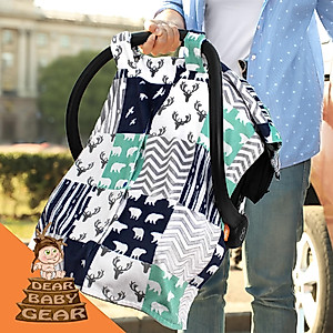Dear Baby Gear Car Seat Blanket - Infant Carseat Canopy & Winter Covers - Cozy Baby Car Seat Cover for Girls & Boys - Doubles as Stroller Cover - Woodland Bear Quilt Feathers Navy Mint - 40" x 30"