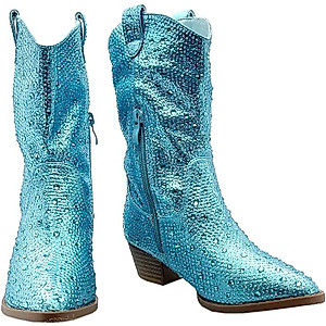 Forever Girls/Kids Rhinestone Western Cowgirl Cowboy Pointed Toe Low Heel Boots River-11K Blue 2
