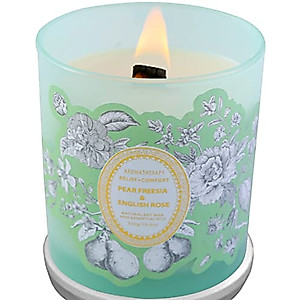 Pear Freesia & English Rose Scented Candle with Apple, Orange Blossom | Highly Scented Natural Soy Candles for Home | Wood Wick Candles for Men & Women | Large Aromatherapy Spring Candle Gifts 10.6 oz