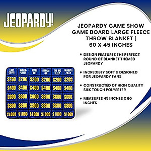 JUST FUNKY Jeopardy Game Board Large Fleece Throw Blanket | Jeopardy Board Design Soft Blankets and Throws | Official Jeopardy Throw Blankets | Measures 60 x 45 Inches
