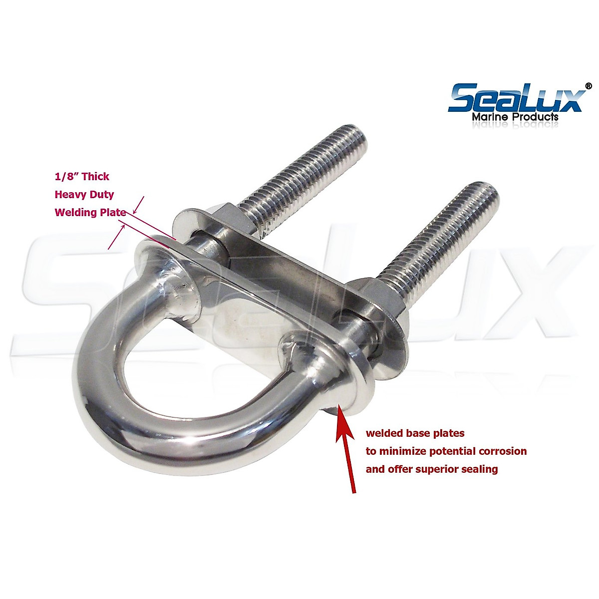 SeaLux Marine 3/8" Stock Fixed Welding Plate Bow Eye Stern Eye U-Bolt 5" Length with 3-1/2" Stud Length