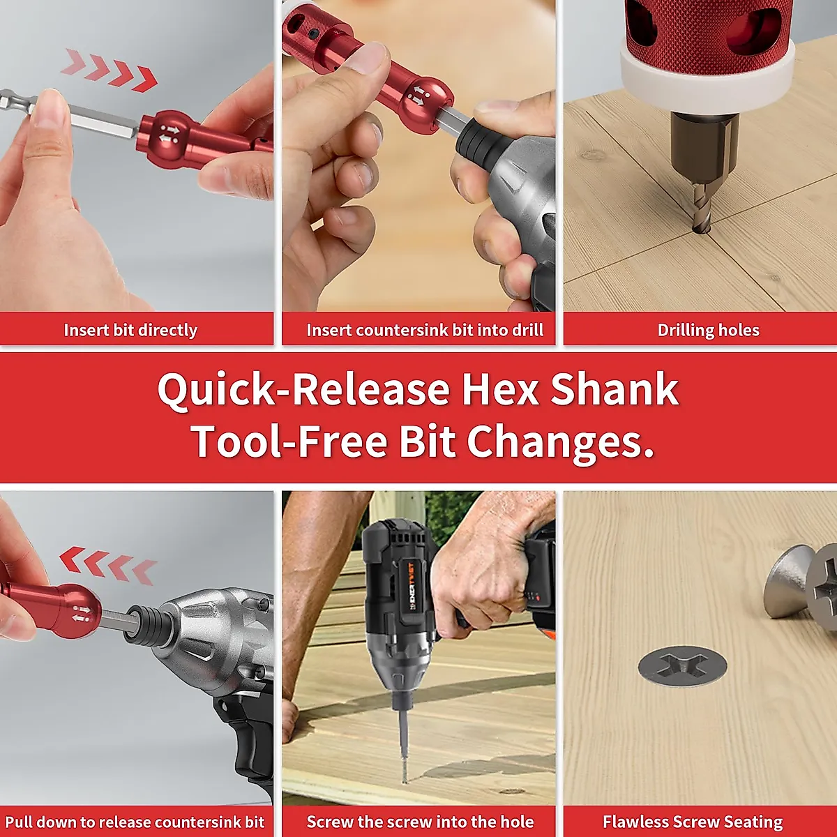 ENERTWIST Countersink Drill Bit Set with Adjustable Depth Stop, 5Pcs 82 Degree Carbide Tipped Countersink Bit with1/4 Quick Release Hex Shank for Woodworking, Carpentry, Pilot Screw Hole Set