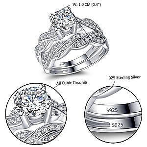 MABELLA 925 Solid Sterling Silver Matching Bridal Set Wedding Engagement Rings Clear Round Cubic Zirconia Eternity Ring for Women Size 9