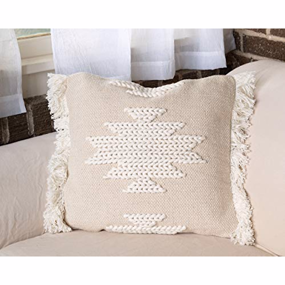 Foreside Home & Garden White Braided Geometric Pattern Handwoven 18x18 Decorative Cotton Throw Pillow with Hand Tied Fringe