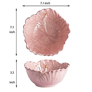 AwakingWaves Cute Handmade Ceramic Cereal Bowl with Hibiscus Designs for Fruit, Salad and Soup,Sculpted Flower-Shaped Candy Pink Bowl for Kitchen, Microwave and Dishwasher Safe, Party Decor