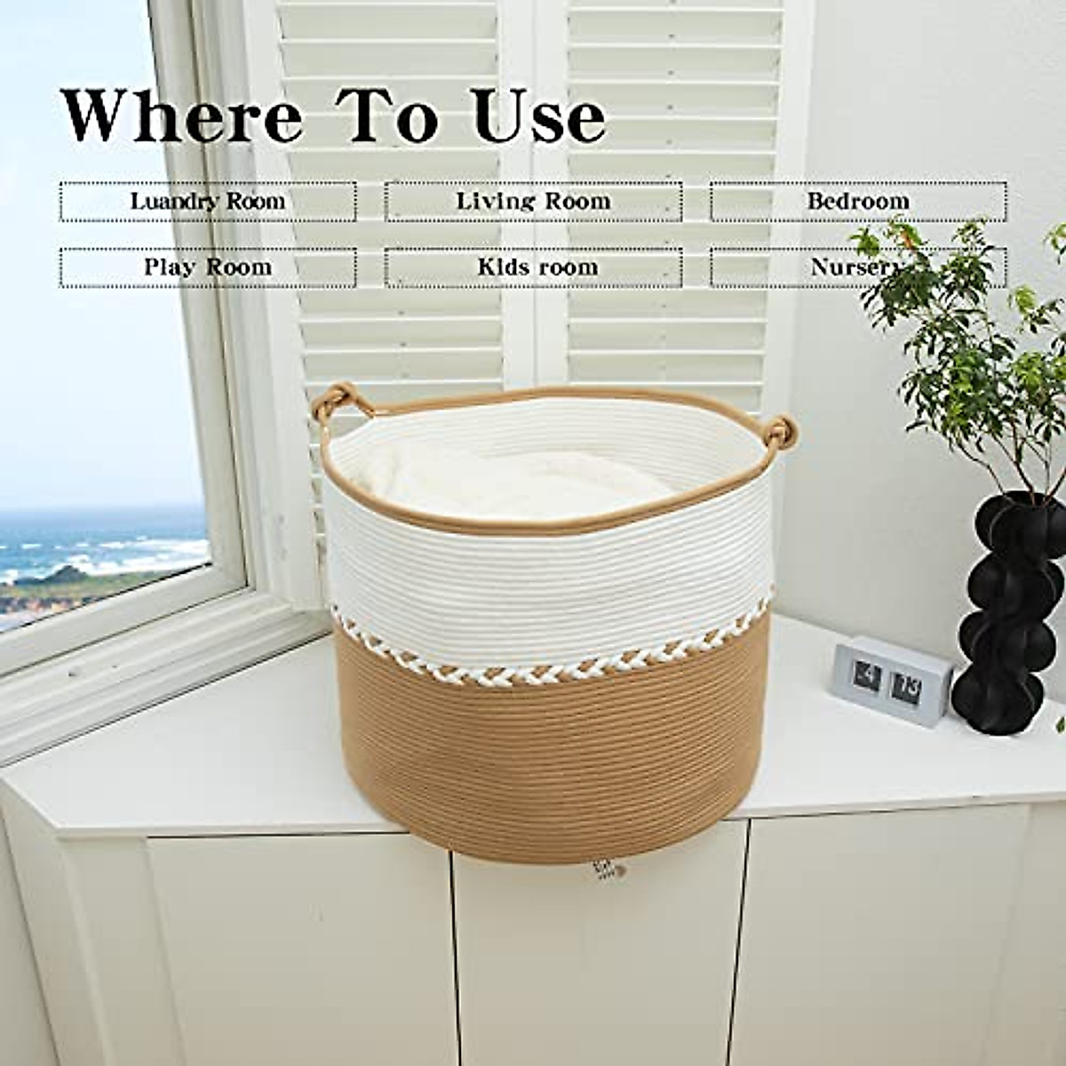 KEBEIYA Large23.62x17.31x23.62 inch Blanket Storage Basket, Woven Baby Laundry Basket with Built-in Handles for Blanket Storage, Nursery Basket Soft Storage Bins