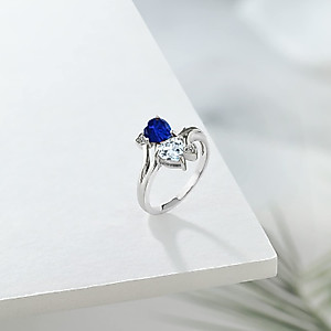 925 Sterling Silver Blue Created Sapphire Sky Blue Aquamarine and White Diamond Ring For Women (1.50 Cttw, Heart Shape 6MM, Gemstone September Birthstone, Available In Size 5, 6, 7, 8, 9)
