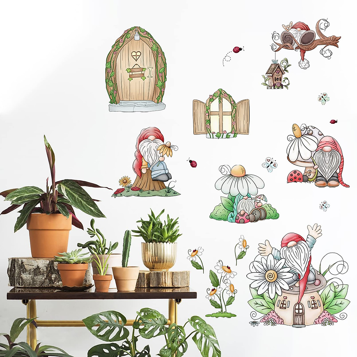 Mfault Spring Summer Garden Gnomes Daisy Flower Wall Decal Sticker, Farmhouse Mushroom Bird Nursery Decoration Kids Bedroom Living Room Art, Neutral Ladybug Butterfly Tree Branch Home Kitchen Decor