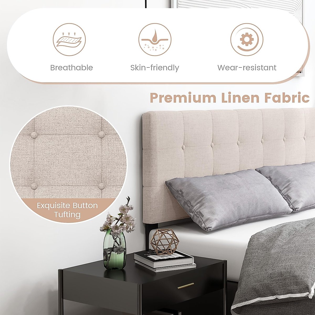 KOMFOTT Linen Upholstered Headboard for Full & Queen Size Bed Frame, Tufted Button Bed Headboard with Solid Rubber Wood Legs, Rectangular Headboard with Adjustable Width, Beige