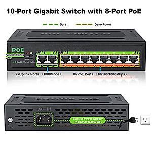 TEROW PoE Switch, 10 Port Gigabit Ethernet Network Switch( 8 PoE+ Port with 2 Extra Uplink Port), 802.3af/at Compliant | Plug & Play | Shielded Ports | Traffic Optimization | Fanless Quiet
