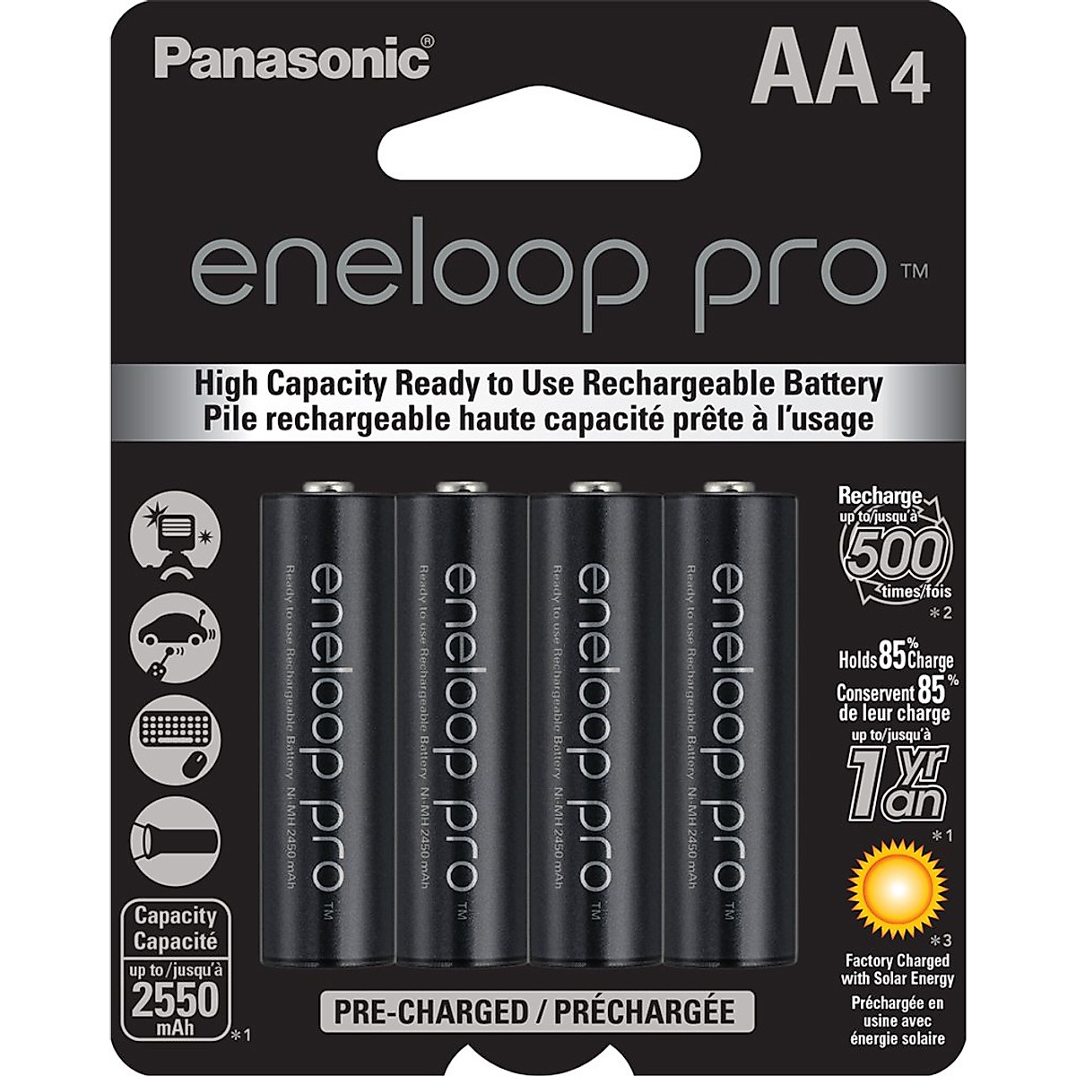 Panasonic BQ-CC17KSBA eneloop Advanced Individual Battery Charger with 4 LED Charge Indicator Lights, Black & BK-3HCCA4BA eneloop pro AA High Capacity Ni-MH Pre-Charged Rechargeable Batteries, 4 Pack