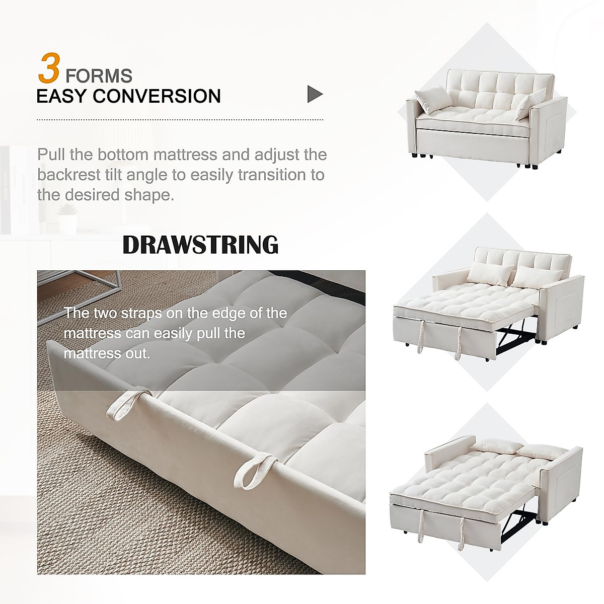 Hixkol Sleeper Sofa Bed, 3 in 1 Sofa Bed Pull Out Couch Bed with Adjustable Backrest, Modern Sofa Bed for Living Room, Convertible Sofa Bed for Bedroom. (White)