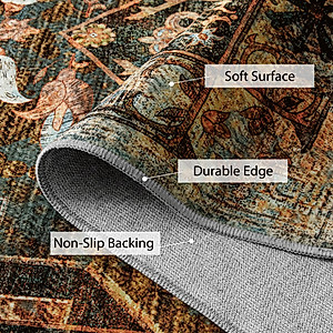 NICETOWN 5x8 Vintage Area Rug - Thin Washable Boho Non-Slip Entryway Rug Oriental Medallion Living Room Rug Entrance Mat Carpet for Kitchen Laundry Bathroom Bedroom, Green
