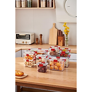 MSM Products Crystal Clear Transparent Food Storage Containers, BPA-Free, Glass Clear Plastic, 12 pieces set (6 lids and 6 containers). Total set capacity 10 LITERS. RED color 4 sides clip lock.