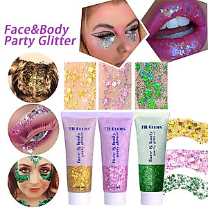 Face Glitter Gel, 3 Jars Holographic Chunky Glitter Makeup for Body, Hair, Face, Nail, Eyeshadow, Long Lasting and Waterproof Mermaid Sequins Shimmer Liquid Glitter 50ml/Jar (Set B)