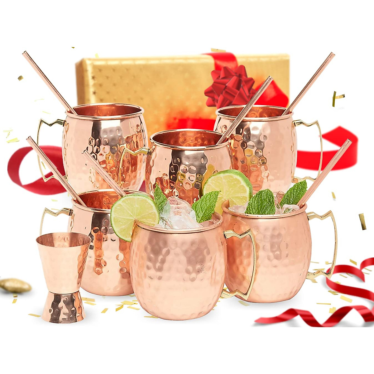 Kitchen Science [Gift Set] Moscow Mule Copper Mugs Set of 6 (16oz) w/Straws & Jigger | 100% Pure Copper Cups, Tarnish-Resistant Food Grade Lacquered Finish, Ergonomic Handle (No Rivet) w/Solid Grip