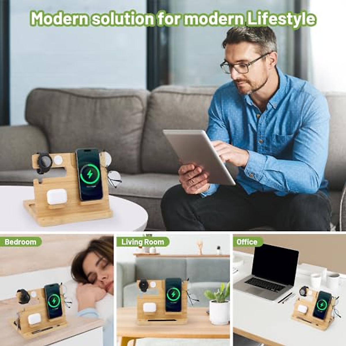 4 in 1 Bamboo Nightstand Wireless Charging Station,Can be Used as a Cell Phone Holder Wooden Desktop Organizer for AirPods, iWatch, Cell Phones, Tablets, Gifts (with Adapter)