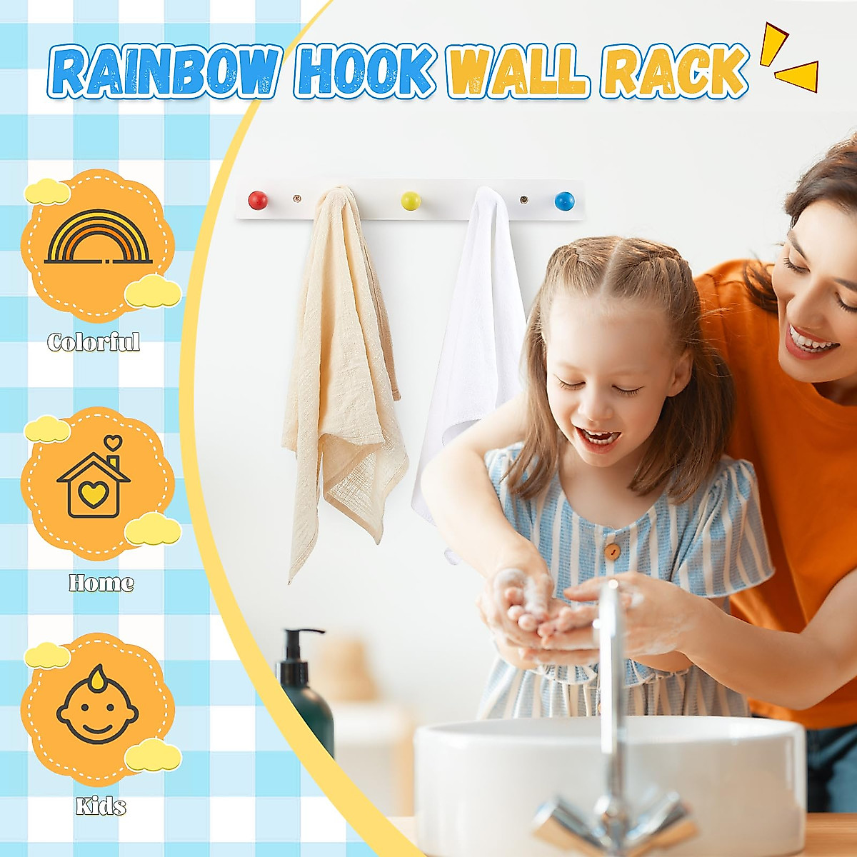 Maitys 4 Pcs Kids Coat Rack Wall Mount Rainbow Kids Wall Hooks Wooden Coat Hooks Cute Coat Rack Wall Mounted for Kid's Towels Backpacks Bedroom Bathroom Playroom Classroom, Multicolor