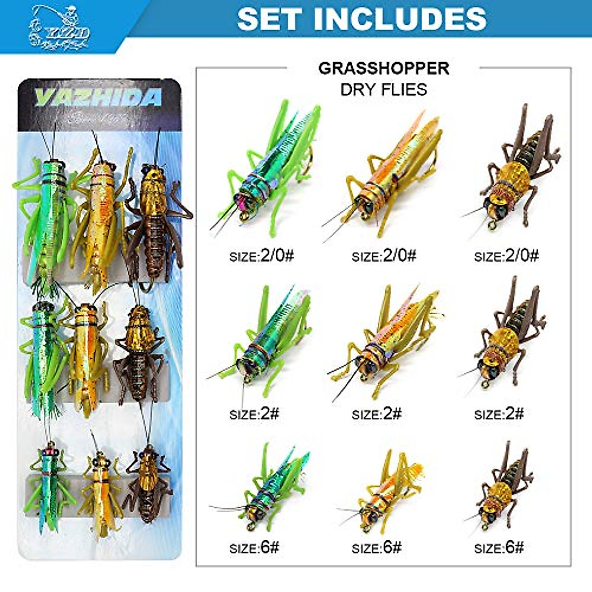 YZD Fly Fishing Realistic Dry Wet Nymph Trout Flies Steelyard Style-Grasshopper Series Hand Tie Lures Kits 9pcs