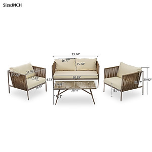 LUMISOL 4 Piece Rope Outdoor Conversation Sofa Set with Toughened Glass Table, Patio Furniture Set with Thick Cushions for 4 Person, Outdoor Furniture for Porch Backyard, Beige
