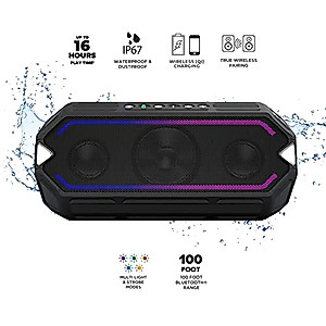 Altec Lansing HydraBoom Bluetooth Speakers, USB Type-C Rechargeable Waterproof Portable Speaker Wireless Phone Charget, Stereo Speaker with LED Lights, Floats in Water, 16 Hour Playtime (Black)
