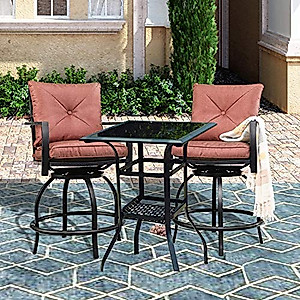 PatioFestival Outdoor Bar Stools Bar Height Patio Chairs Swivel Bar Stool Patio Furniture Tall High Counter Chair Bistro Set with Glass Top Table Back Padded Cushion for Balcony Pub