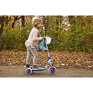 Huffy 78919 Frozen 2 Girl Scooter for Kids, Elsa & Anna Graphics, Handlebar Bin, Preschool Three Wheels & Streamers, Blue/White